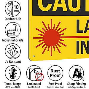 SmartSign 12 x 18 inch “Caution - Laser In Use” Sign with Pre-Cleared Holes, Digitally Printed, 55 mil HDPE Plastic, Black, Red and Yellow, Made in USA