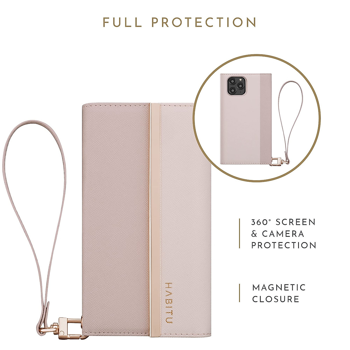 HABITU [Folio Collection 2022] Eris Tri-Fold Pink Wallet Case for iPhone 12/12 Pro, Detachable Vegan Leather Magnetic Folio with Card Pockets, Mirror & Strap for Women, Pink Eris