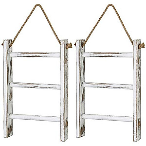 MyGift 3-Tier Wall Hanging Towel Ladder - Farmhouse Whitewashed Wood Mini Hand Towel Rack with Top Rope, Set of 2