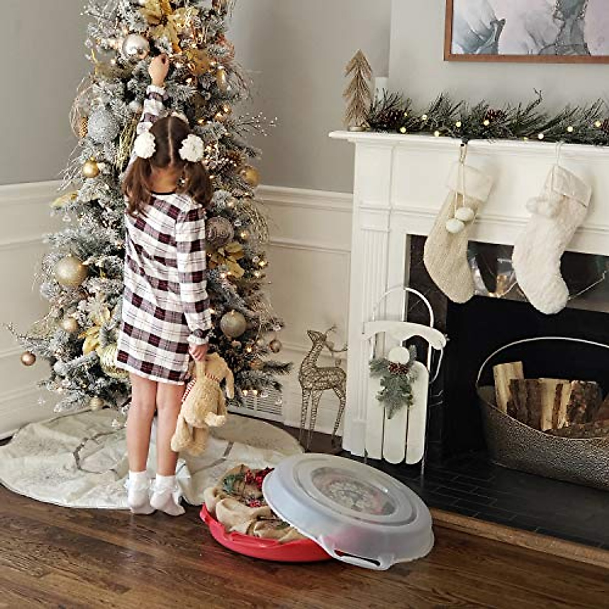 HOMZ Set of 3 Holiday Wreath Plastic Storage Containers, Holds Up to 24” Diameter, Secure Latching Lid and Easy Grip Handle, Stackable and Nestable, Red/Clear