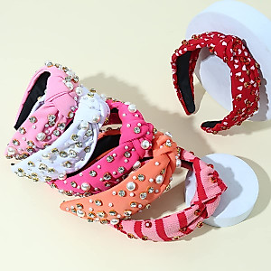 FEDANS Women Knotted Jeweled Headband Heart Shaped Crystal Embellished Mixed Top Hairband ladies Twist Nylon Pearl Hair accessories for Girls