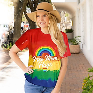 Pride Shirt Women Free Mom Hugs Shirts Funny Rainbow Graphic Tees LGBT Equality Gift Casual Short Sleeve Tops