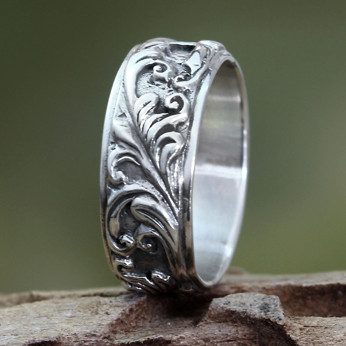 NOVICA Artisan Handmade Sterling Silver Band Ring Leaf Tree No Stone Indonesia [band Width 8 mm W] ' Flourishing Foliage'