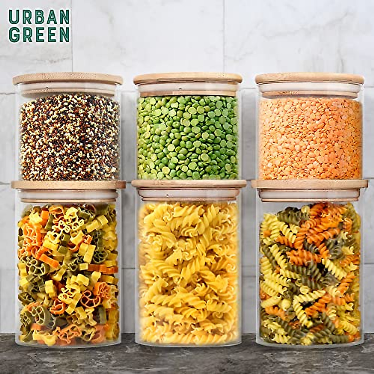 Urban Green Glass Storage Container Bamboo Lids, Glass Airtight Canisters sets, Glass Jar with Lids, Food Jars, Pantry Organization and Storage Containers, Spice Jars, Flour Canisters of 6