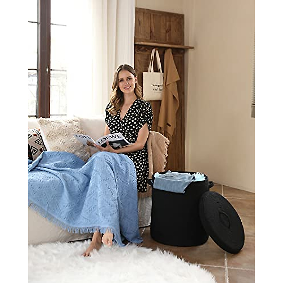 16" x 16" x 18" Extra Large Storage Basket with Lid, Cotton Rope Storage Baskets, Laundry Hamper, Cloth Bin, for Clothes Towels Blankets Pillows Storage in Living Room, All Black Basket with Cover