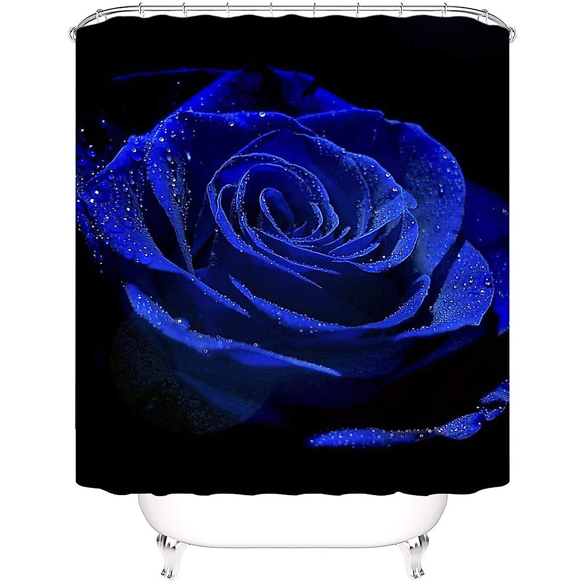 Camille&Andrew 4PCS/Set Dewy Royal Blue Rose Shower Curtain, Elegant Floral Romantic Flower Women Bathroom Decor, Waterproof Fabric Shower Curtain, Non-Slip Bath Rugs Toilet Carpet Bathroom Mat, Blue
