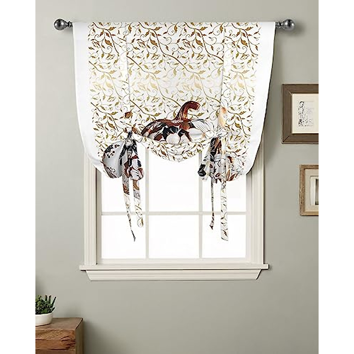 Autumn Thanksgiving Tie Up Curtains for Window, Fall Pumpkins Gold Leaves White Thermal Insulted Balloon Shade Adjustable Rod Pocket Curtains Valance Panels for Kitchen Bathroom Café 42 x 63