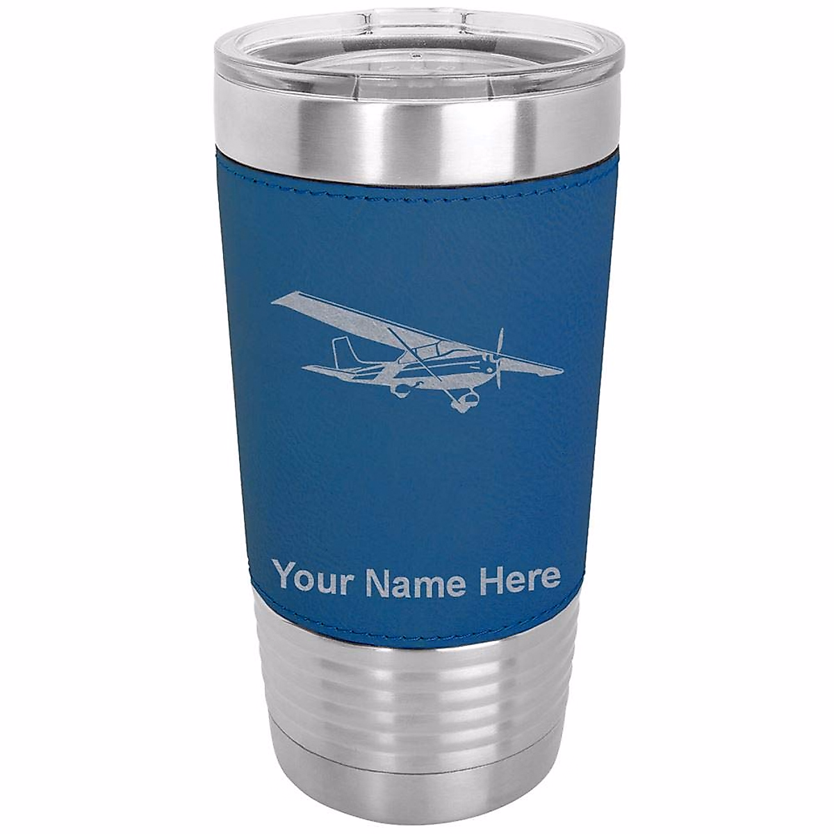LaserGram 20oz Vacuum Insulated Tumbler Mug, High Wing Airplane, Personalized Engraving Included (Faux Leather, Blue)