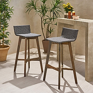GDFStudio Outdoor Acacia Wood & Wicker Barstools (Set of 2), Gray