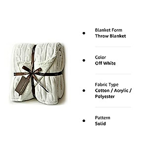 Cable Knit Sherpa Oversized Throw Reversible Blanket Faux Sheepskin Lined Cozy Cotton Blend Sweater Knitted Afghan in Grey White or Turquoise Blue (Off White)