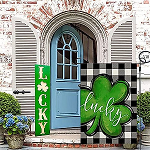 CROWNED BEAUTY St Patricks Day Garden Flag 12x18 Inch Double Sided for Outside Small Burlap Green Shamrock Lucky Black White Buffalo Plaid Yard Holiday Flag CF737-12