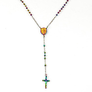 Blowin 3mm Rainbow Beads Christian Rosary Necklace for Women Men, Colorful Stainless Steel Praying Rosary Necklace Jewelry, 26 Inch