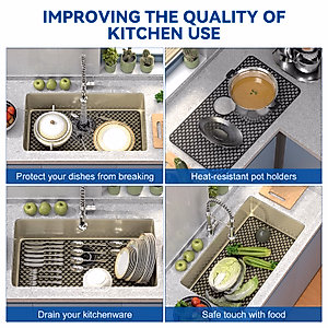 TOOVEM Silicone Sink Protectors for Kitchen Sink, 28'x 15 inches Kitchen Sink Mats for Bottom of Farmhouse Stainless Steel Porcelain Sink with Rear Drain, Black