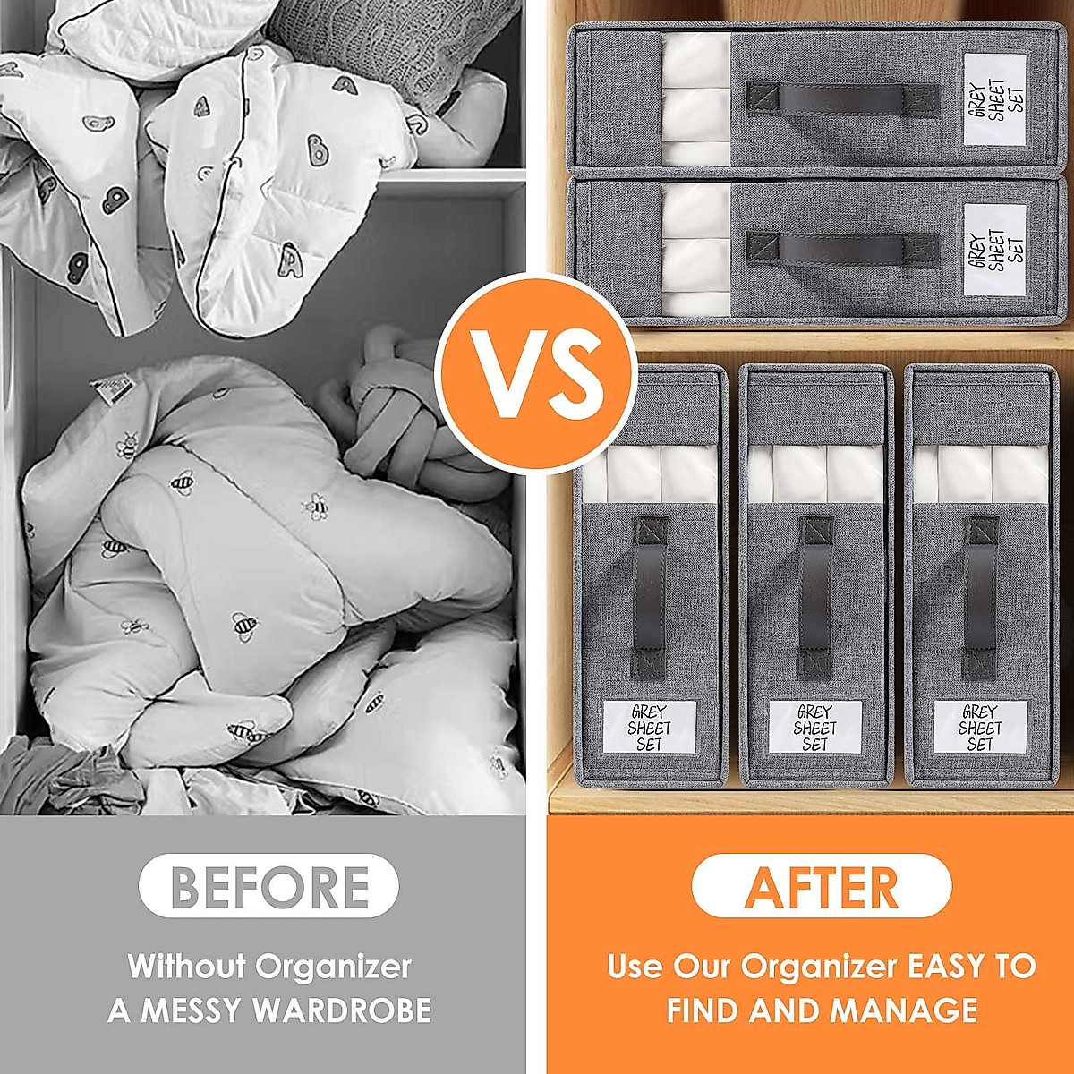 Foldable Bed Sheet Set Organizer, 2 Pack Queen or King Size Bed Sheet Organizers and Storage Box for Duvet Cover Set, Fabric Storage Bins Bed Sheets, Linen Closet Organizer for Bedding Clothes Towels