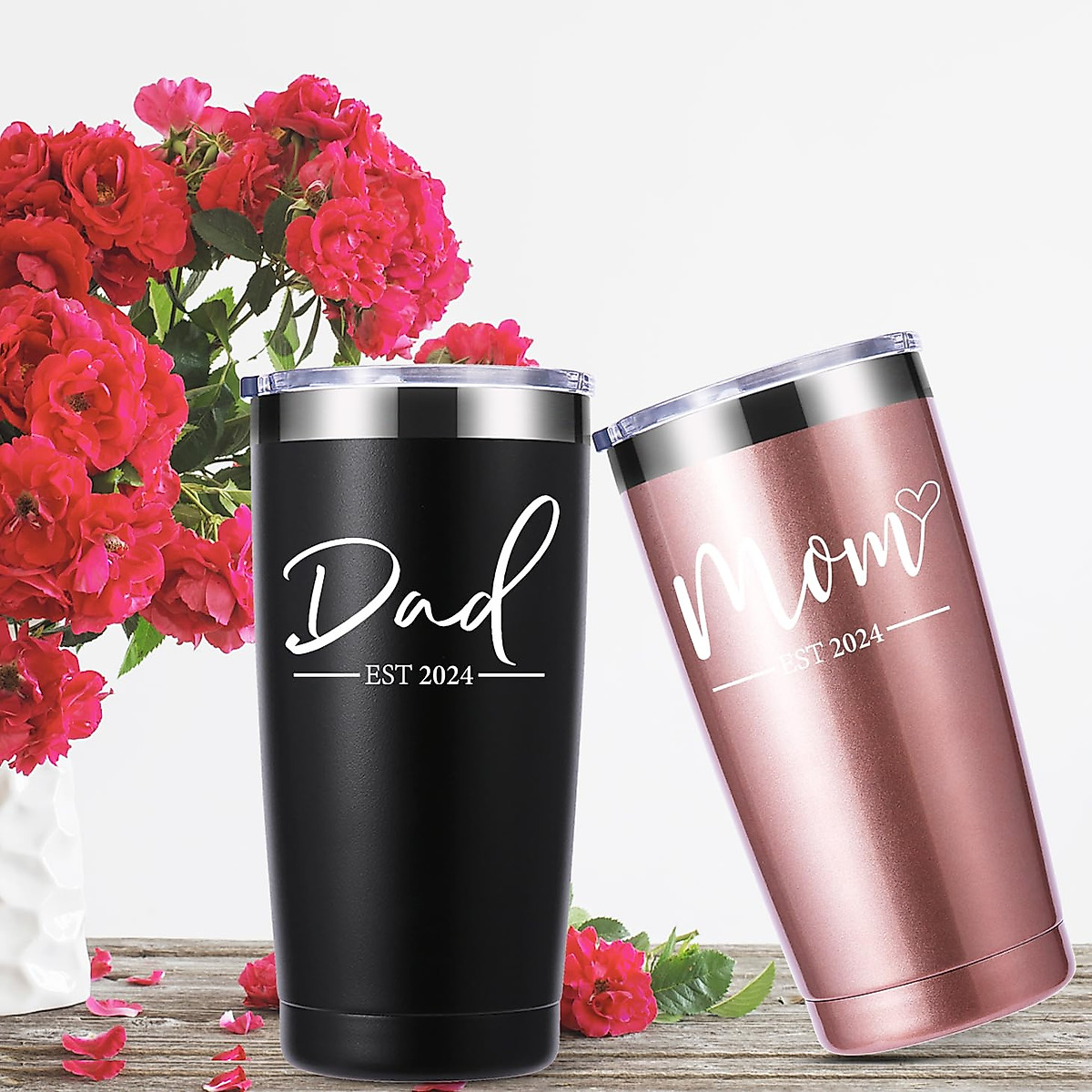 Dad Mom Est 2024 20 OZ Tumbler.Anniversary New Parents Pregnancy New Dad Mom Parents to be Gift.Father's Mother's Day Couples Gifts.New Dad New Mom Mom to Be Dad to Be Gifts.(Black&Rose Gold)
