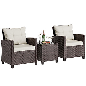 JAMFLY 3 Pieces Patio Furniture Set All-Weather Outdoor Wicker Conversation Bistro Set, Outdoor Patio Furniture Chairs with Tempered Glass Table for Porch Bistro Balcony, Beige