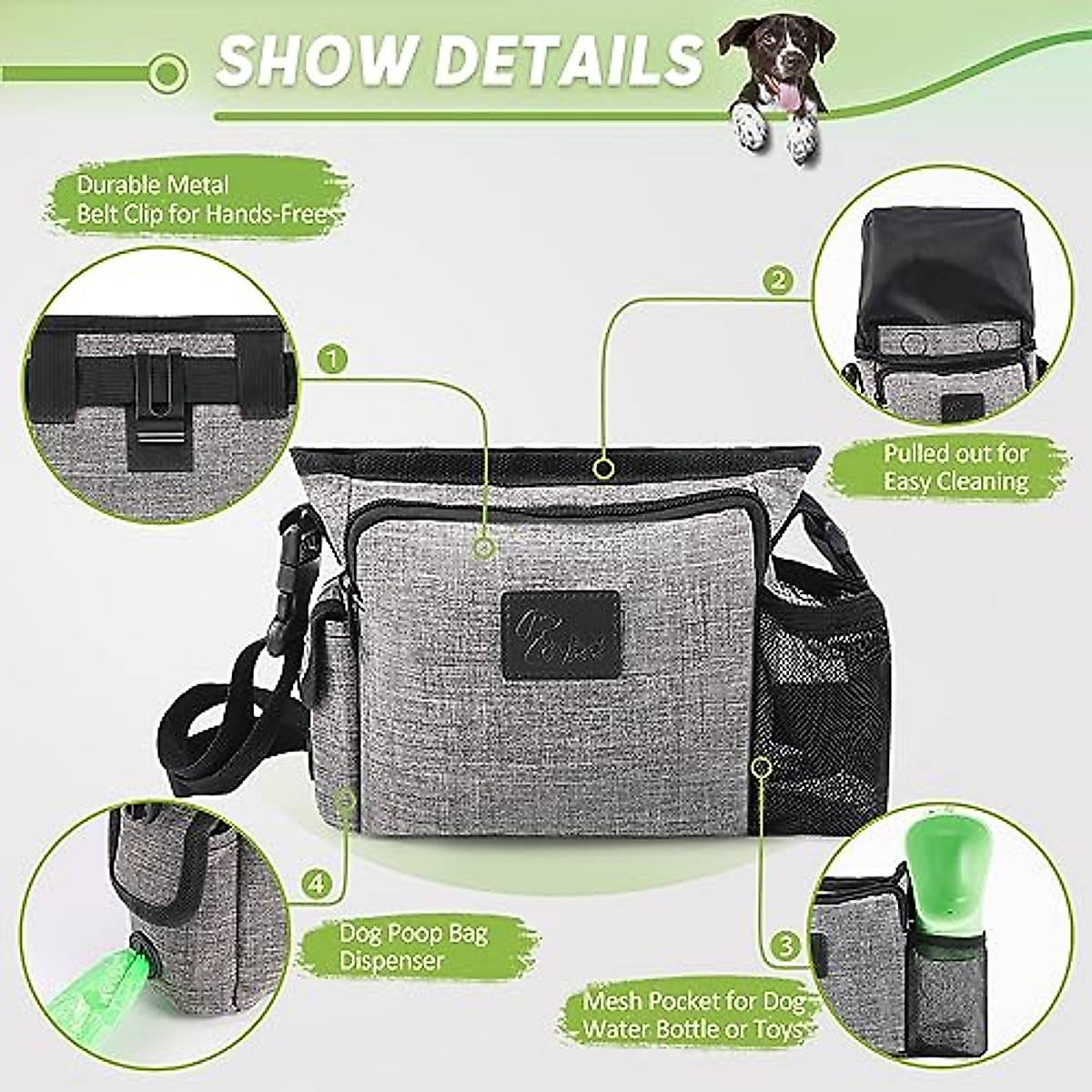 Large Dog Treat Pouch for Training with Magnetic Closure, Portable Dog Walking Fanny Pack Built-in Poop Bag Dispenser and Multiple Pockets, Includes Waist Belt Clip, Adjustable Shoulder Strap (Grey)