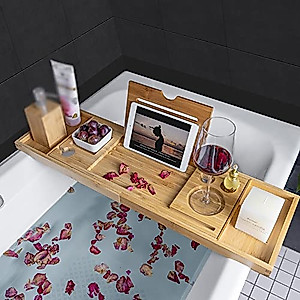 SDGH Extendable Bathtub Tray Wooden Bath Organizer Rack Bathroom Book Wine Tablet Holder Reading Shelf Bath Tray