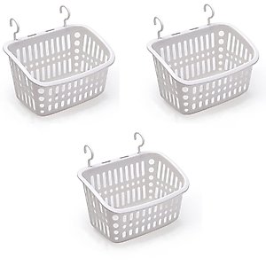 Doitxue 3PCS Plastic Hanging Baskets for Shower, Hanging Basket Organizer with Hooks, Rectangle 10.6Inches Small Hanging Storage Basket (Grey)
