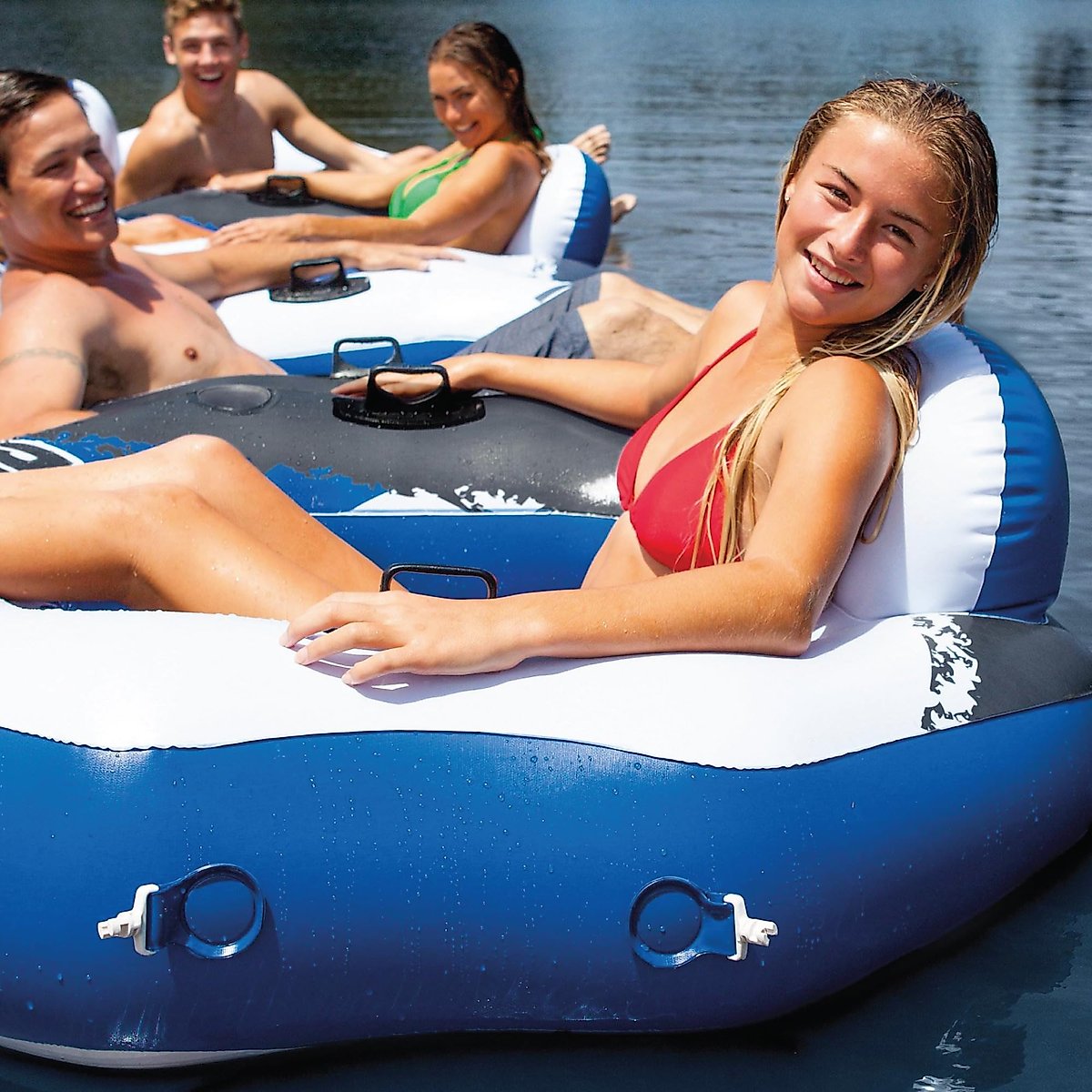 Intex River Run Connect 1 Person Inflatable Water Raft (4 Pack) Bundled with River Run II 2 Person Inflatable Floating Lounge with Cooler
