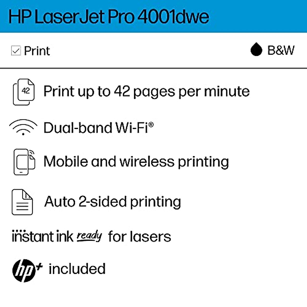 HP LaserJet Pro 4001dwe,Monochrome Wireless Black & White Printer with HP+ Smart Office Features