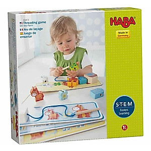 HABA On The Farm Threading Game with 10 Chunky Wooden Lacing Figures & 4 Templates (Made in Germany)