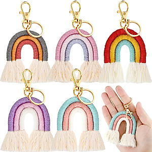 Jadive 5 Pieces Rainbow Macrame Keychain Weaving Rainbow Tassel Keychains Car Keyring Holder Jewelry for Women(Cute Colors)