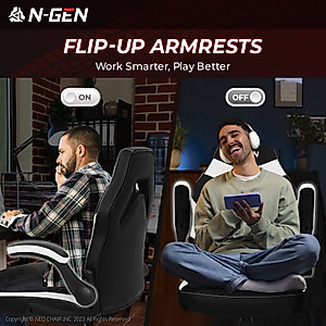 N-GEN Video Gaming Computer Chair Ergonomic Desk Office Chair for Adults with Lumbar Support Flip-Up Arms Adjustable Height Swivel Wheels PU Leather Executive Design for Home and Office (White)