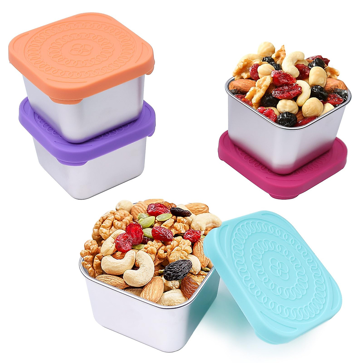 ZHAO Stainless Steel Snack Containers with Silicone Lids Small Metal Food Storage Containers Lunch Snack Condiment Sauce Storage Set for Travel, Picnic, Office (4)