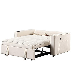 FULife 58" Convertible Sofa Couch with Pull-Out Sleeper,Adjustable Loveseat Armchair Single Bed Chair with Cup Holder,USB Port,Side Pocket&Pillows for Living Room/Apartment/Office/Studio/Small Place