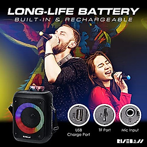 Risebass Portable Karaoke Machine with 2 Wireless Microphones - Bluetooth Rechargeable Speaker with USB/SD/TF Card Support, AUX-in, Tripod Screw Mount and Phone Slot.