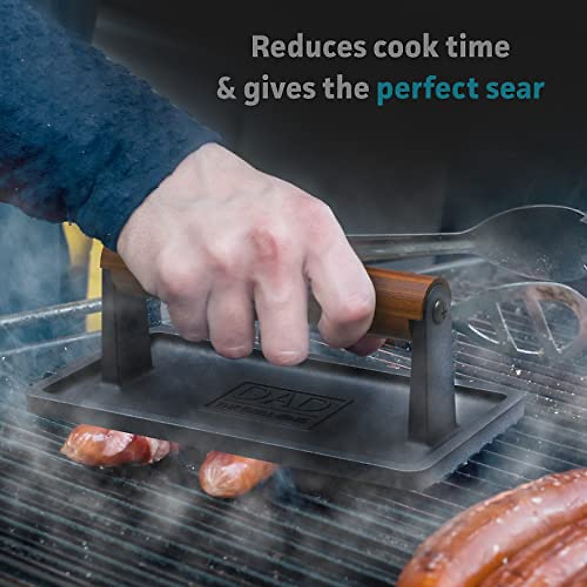 Soho Grilling Gift for Dad, BBQ Cast Iron Grill Press for Smash Burger, Hamburger, Meat, Bacon (2.6 lbs) Cooking Weight with Wood Handle for Christmas/Birthday “Dad The Grill King” (Gift Boxed)