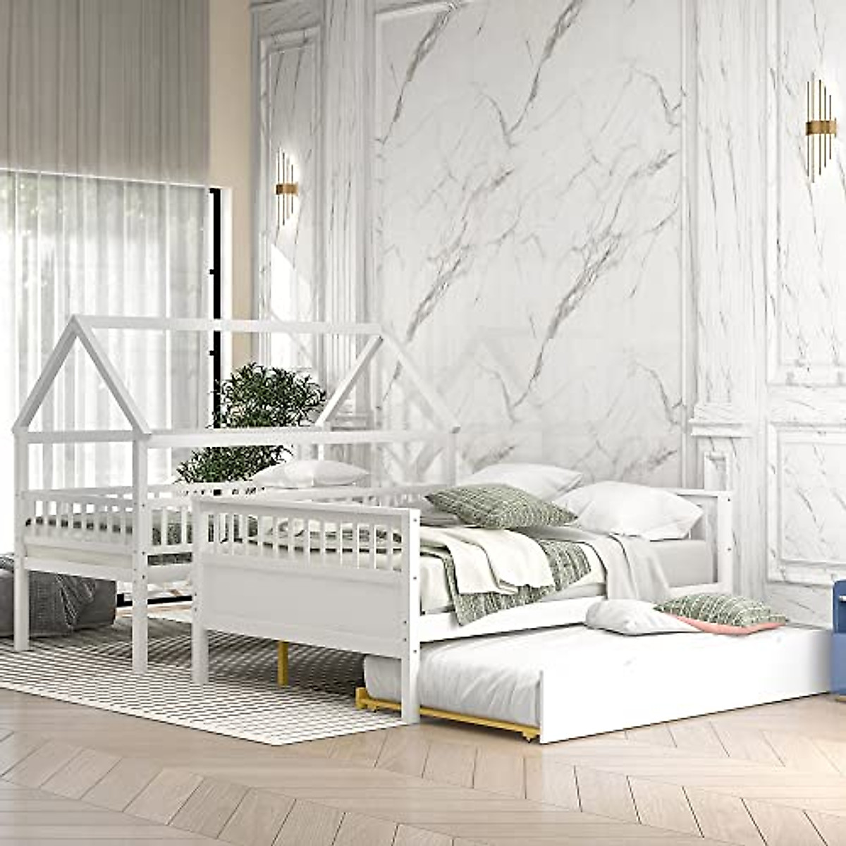 POCIYIHOME Twin Over Full Bunk Bed with Two Drawers and Staircase, Down Bed can be Converted into Daybed, Can Split The Single Bunk into Two Beds, for Kids,Teens Bedroom, No Box Spring Need, White