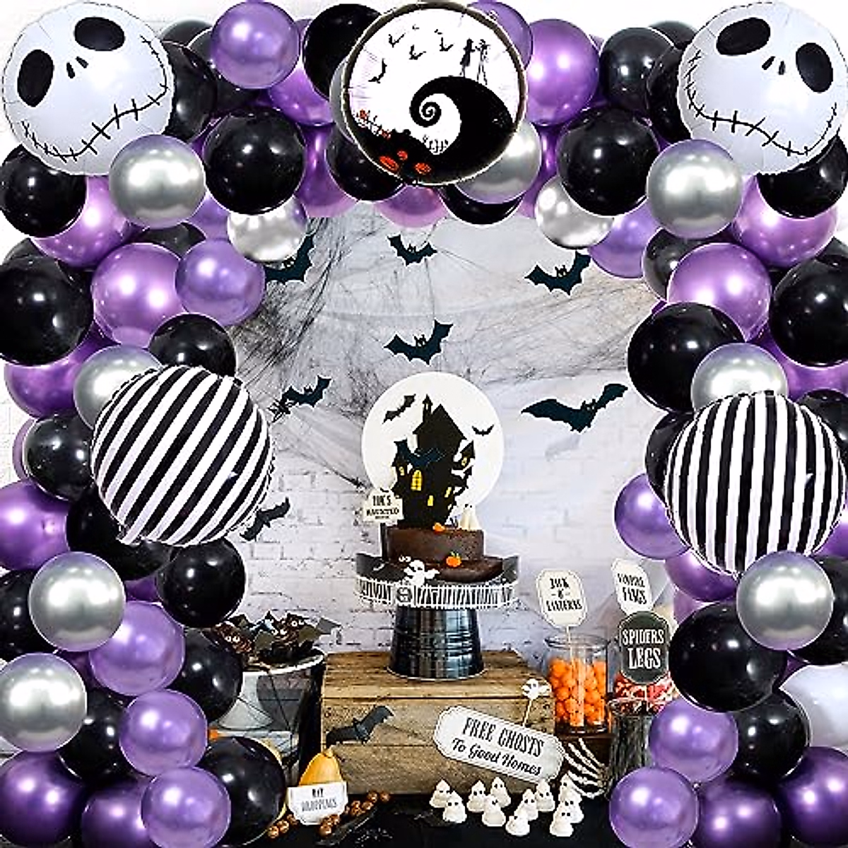 Nightmare Balloons Decorations Before Christmas Skull Halloween Party Decorations Balloon Garland Kit - Purple Black Balloon Arch with Skull Balloons for Halloween Birthday Baby Shower, Day of the Dead Decorations