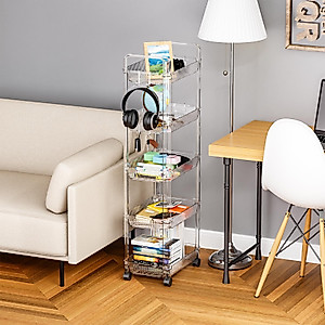 Clear 5 Tier Rolling Utility Cart with Wheels,Modern Bedside Cart for Baby Essentials,Nursery,Diaper Caddy,Baby Supplies,Rolling Storage Cart for Living Room,Bathroom,Kitchen,Book Cart