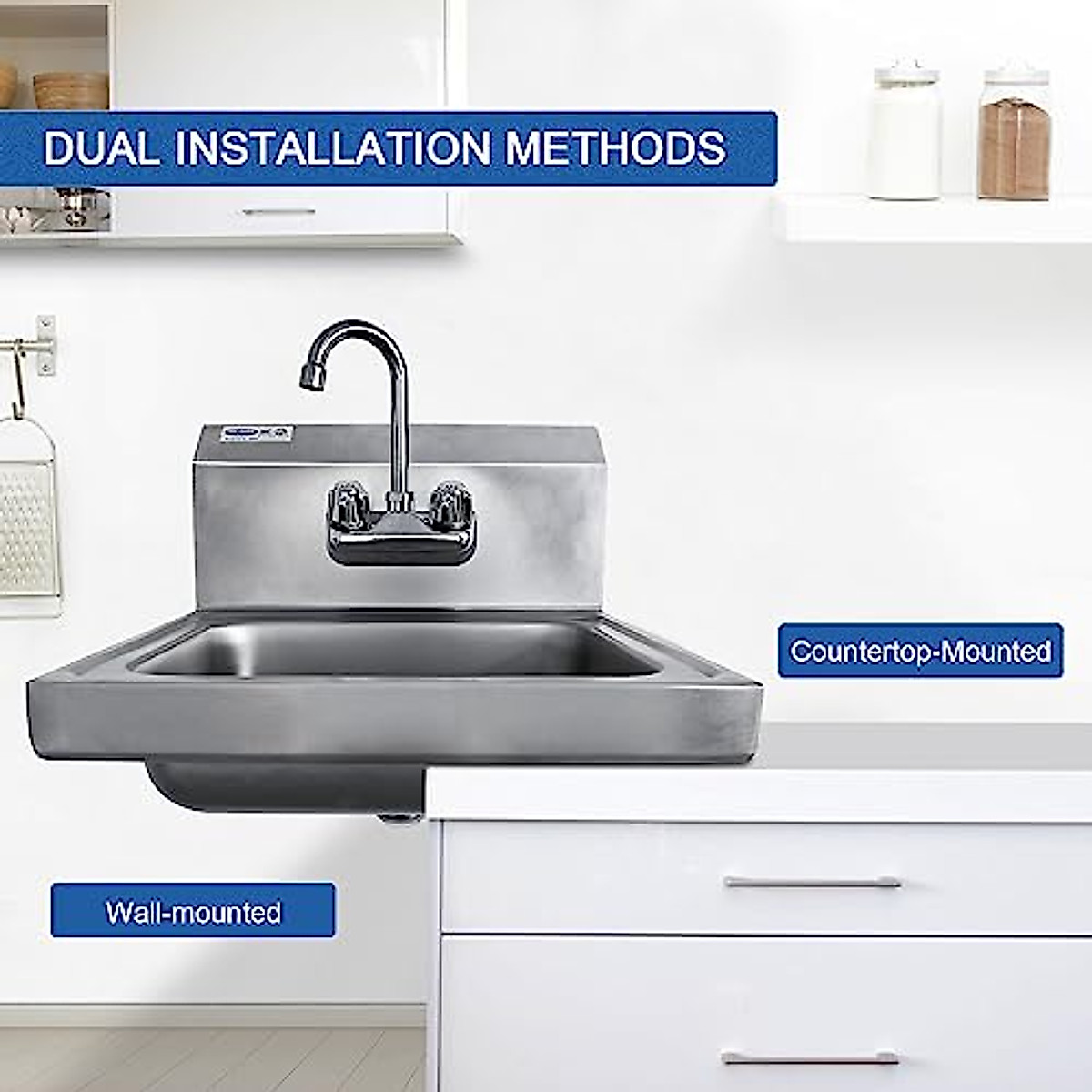 HARDURA Stainless Steel Hand Washing Sink with Gooseneck Faucet, NSF Commercial Wall Mount Hand Sink for Restaurant, Kitchen, Home, 17X15 Inches