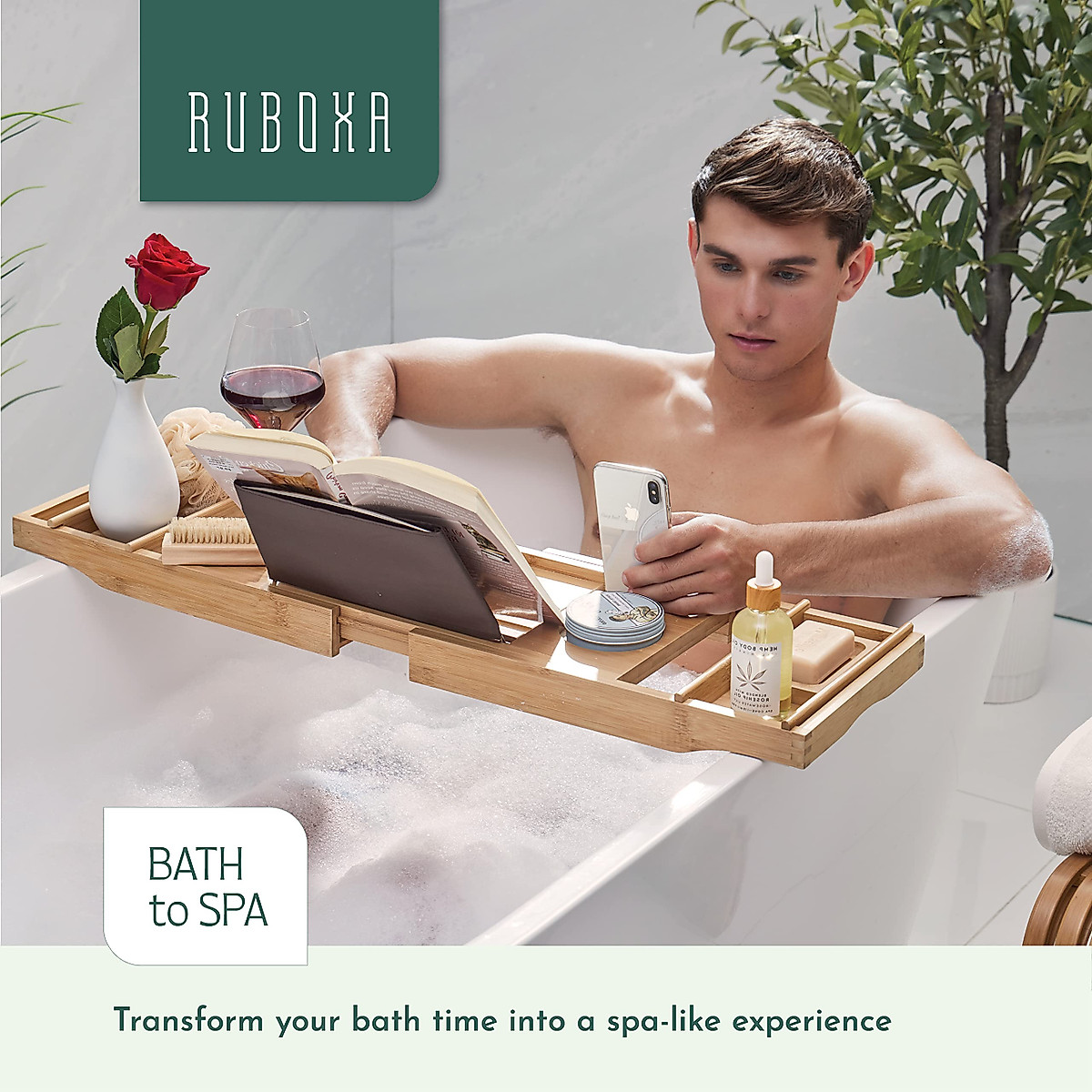 Luxurious Bamboo Bathtub Tray for Tub - Expandable Bath Tray for Bathtub Accessories, Seats One or Two People - Durable Bathtub Caddy Holds Tablet/Book, Phone, Wineglass