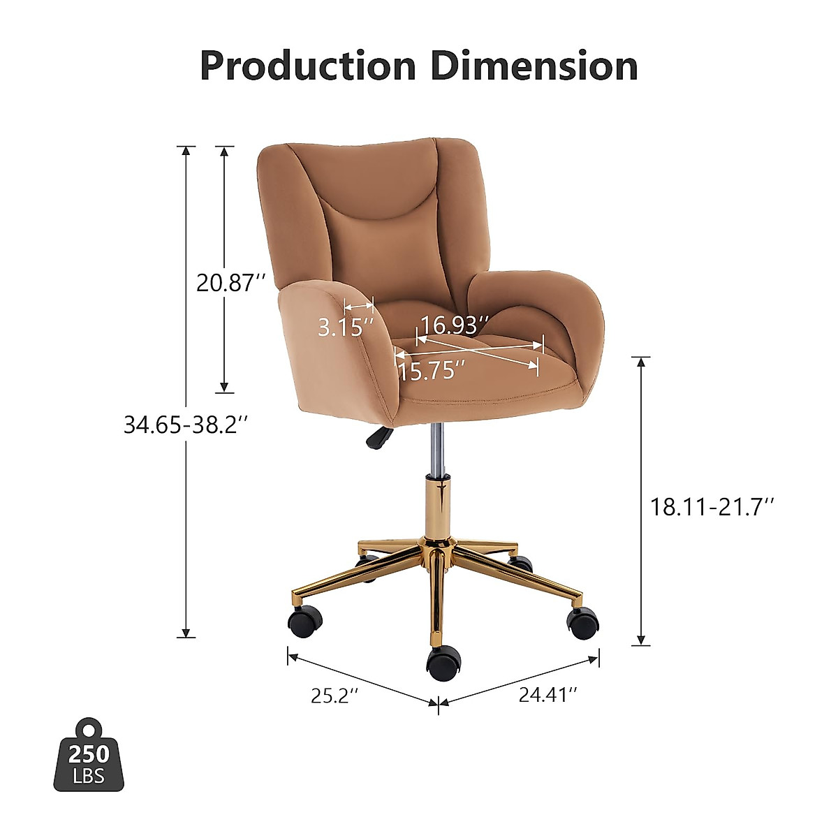 Hommoo Desk Chair with Wheels and Arms Velvet Comfortable Desk Chair for Home Office Height Adjustable Vanity Chair Modern Task Chair Computer Desk Chair Coffee