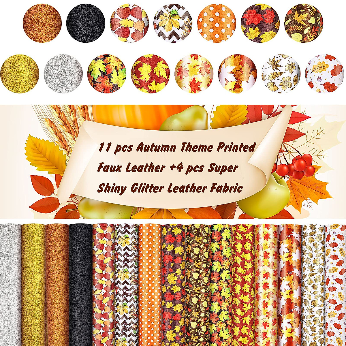 15 Pieces Thanksgiving Fall Faux Leather Sheets Glitter Autumn Leather Sheets Plant Leather Fabric Sheets Fall Leaves Faux Leather Fabrics for DIY Crafts Earrings Bag Decors(Classic Style)