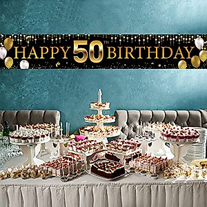 50th Birthday Decorations Yard Banner, Black Gold Happy 50th Birthday Decorations for Men Women, 50 Years Old Birthday Party Backdrop, 60 Birthday Sign for Outdoor Indoor, Fabric Vicycaty