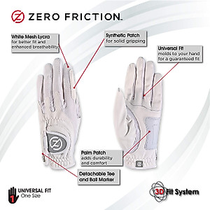 Zero Friction Ladies Compression-Fit Synthetic Golf Glove (2 Pack with free pack of tees), Universal Fit One Size, White/Pink