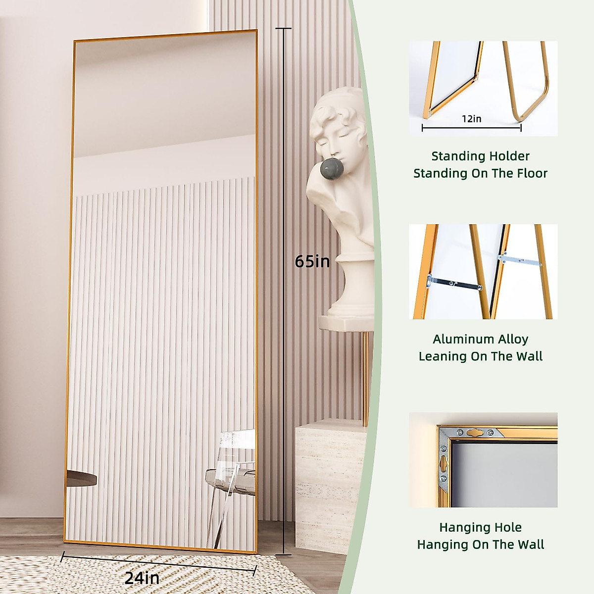 Beauty4U 65" x 24" Full Length Mirror with Stand, Gold Wall Mounting Full Body Mirror, Metal Frame Full-Length Tempered Mirror for Living Room, Bedroom