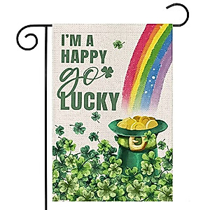 Happy St Patricks Day Garden Flag 12x18 Double Sided,Green Hat with Gold Coin Shamrock Rainbow Small Yard Flag,Spring Saint Patrick Decors for Outside Outdoor Holiday