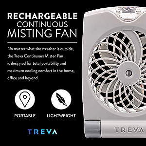 Treva 3-Speed Continuous Mister Fan – 3.5 Inch Personal Misting Fan with Intermittent or Constant Cooling Water Mist Sprayer - USB Rechargeable Battery - Portable for Travel, Camping, Beach, Desk