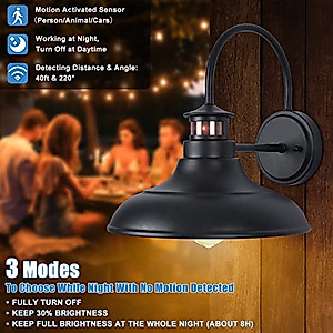 2 Packs Motion Sensor Outdoor Barn Lights - Dusk to Dawn Farmhouse Gooseneck Barn Light, 12in Large Black Porch Light Fixture Wall Mount, Exterior Wall Lighting Fixture for Garage Patio Doorway