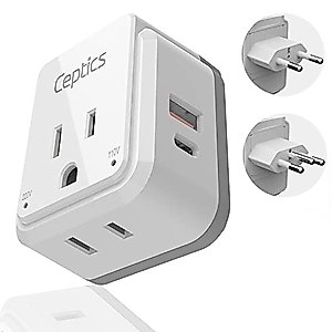 Ceptics Brazil Power Plug Adapter Travel Set, 20W PD & QC, Safe Dual USB & USB-C 3.1A - 2 USA Socket - Compact & Powerful - Also Use in Peru, Chile - Includes Type C, Type N Swadapt Attachments