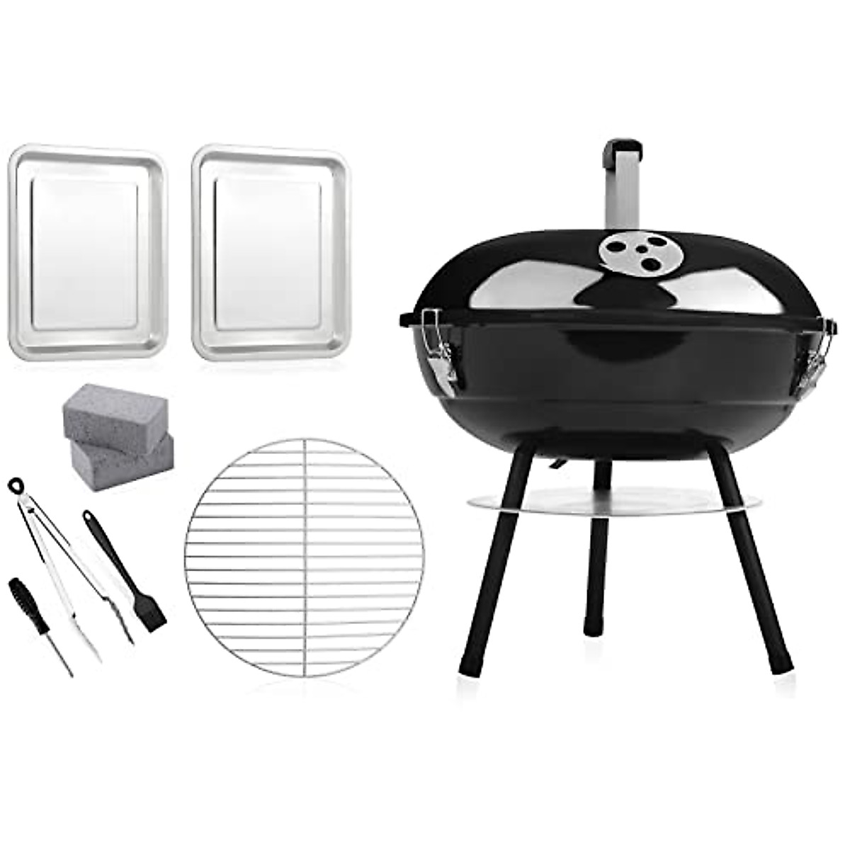 14inches Portable Outdoor Charcoal Grill Set of 9, Leonyo Small BBQ Charcoal Grill, Tabletop Mini Grill for Camping, Barbecue Grill Cooking Kit with Extra Grill Grate, Cleaning Bricks, Grill Trays