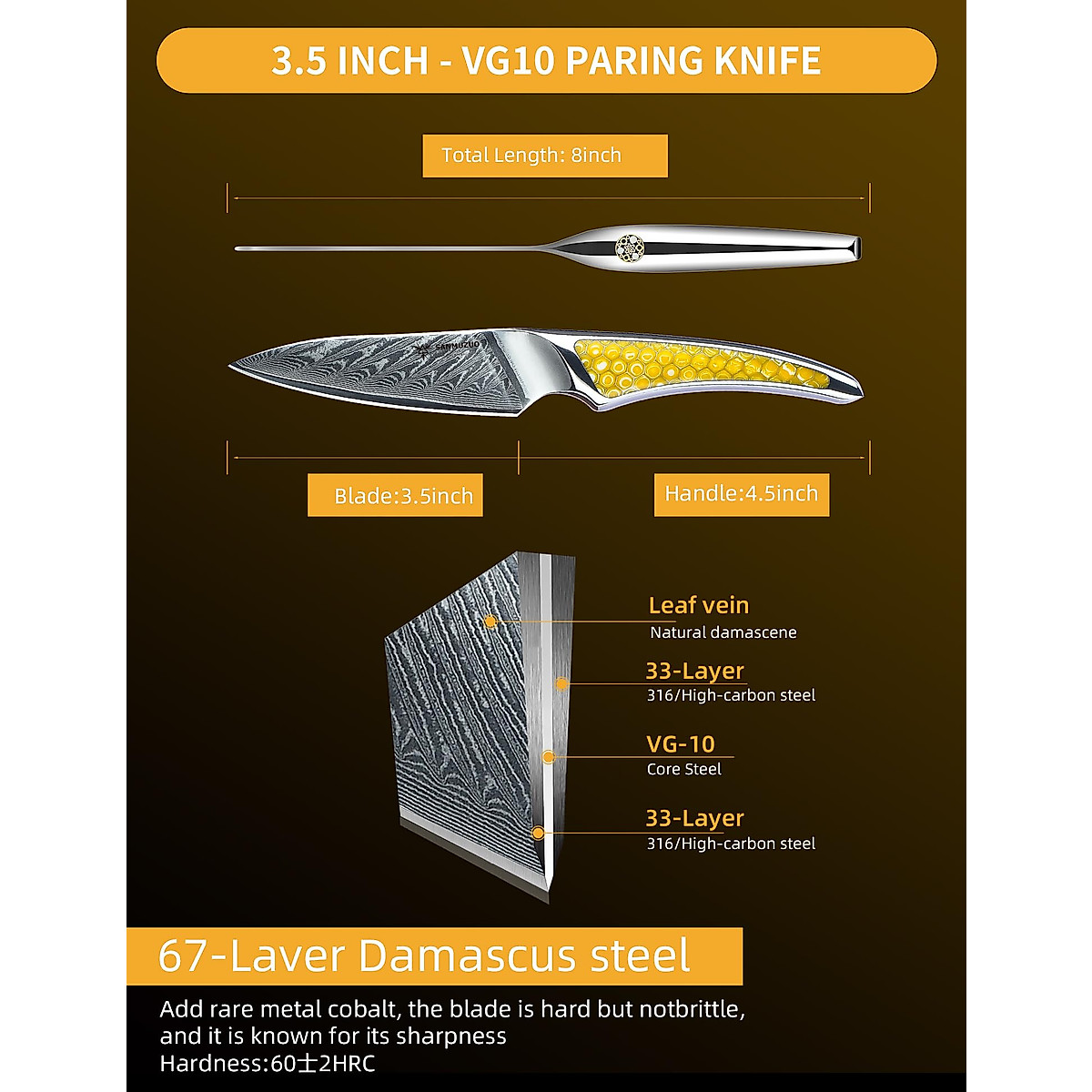 SANMUZUO 3.5 inch Paring Knife, Japanese VG-10 Damascus Steel Kitchen Knife, Ultra Sharp Fruit Knife with Full-tang Handle in Yellow Resin, LA-S9 Series