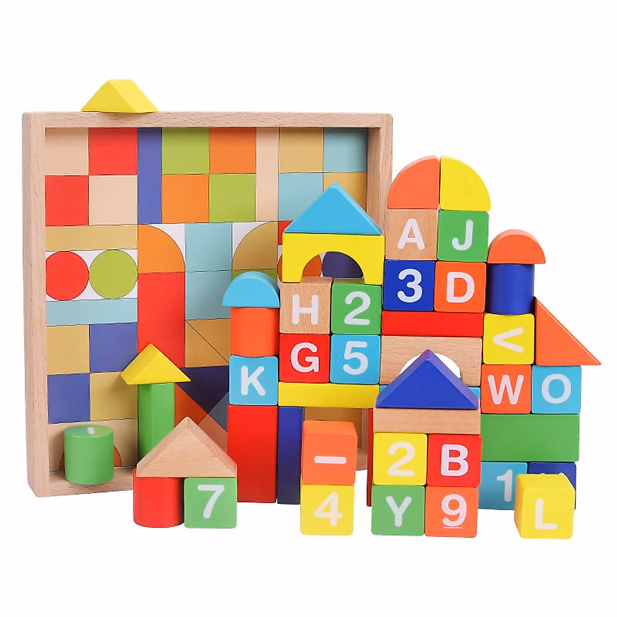 GEMEM 48 Pieces Building Blocks for Toddlers 3 Year Old, Alphanumeric Wooden Blocks for Kids Ages 4-8, Stacking Wooden Block Educational Toy with Wooden Box, Montessori Toys for 3 Year Old Girls Boys