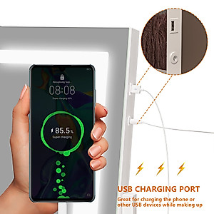 Hasipu Vanity Mirror with Lights, 24.2" x 19.7" LED Makeup Mirror, Light up Mirror with 10X Magnification and USB, Phone Holder, Smart Touch 3 Colors Dimmable, 360° Rotation (Right Angle White)